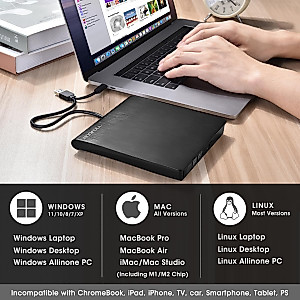 ROOFULL External CD DVD +/-RW Drive USB 3.0 & USB-C Portable CD/DVD ROM Player Burner Reader Writer Rewriter Optical Disc Drive for Laptop Desktop PC, Windows 11/10/8/7, Apple Mac, Linux OS