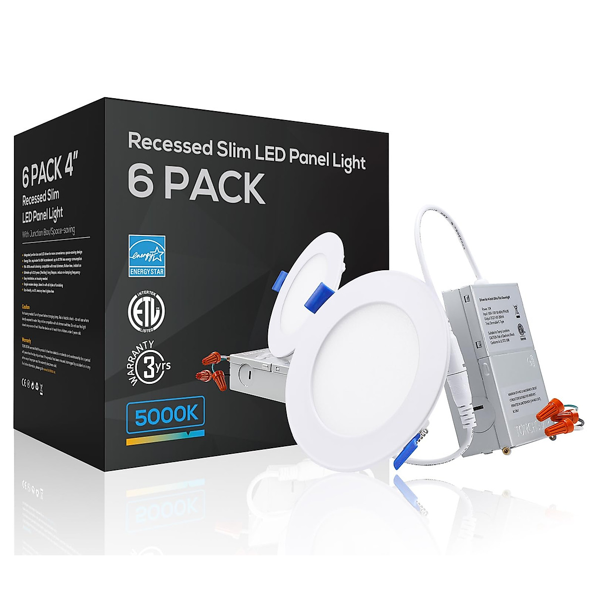 TORCHSTAR 4 Inch Slim LED Recessed Lighting with Junction Box, Dimmable 10W Ultra-Thin LED Recessed Light, 5000K Daylight, 700LM Basic Series LED Downlight, ETL & Energy Star, Pack of 6