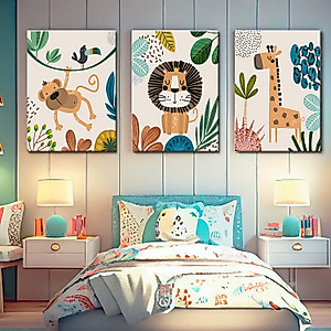 AKWISH 3Pcs Framed Safari Animals Canvas Wall Art Prints Picture Boy Girl's Kids RoomWall Decor for Classroom Shower Theme Decorations Nursery Baby Children's Room Bedroom Ready to Hang (12"x16"x3)