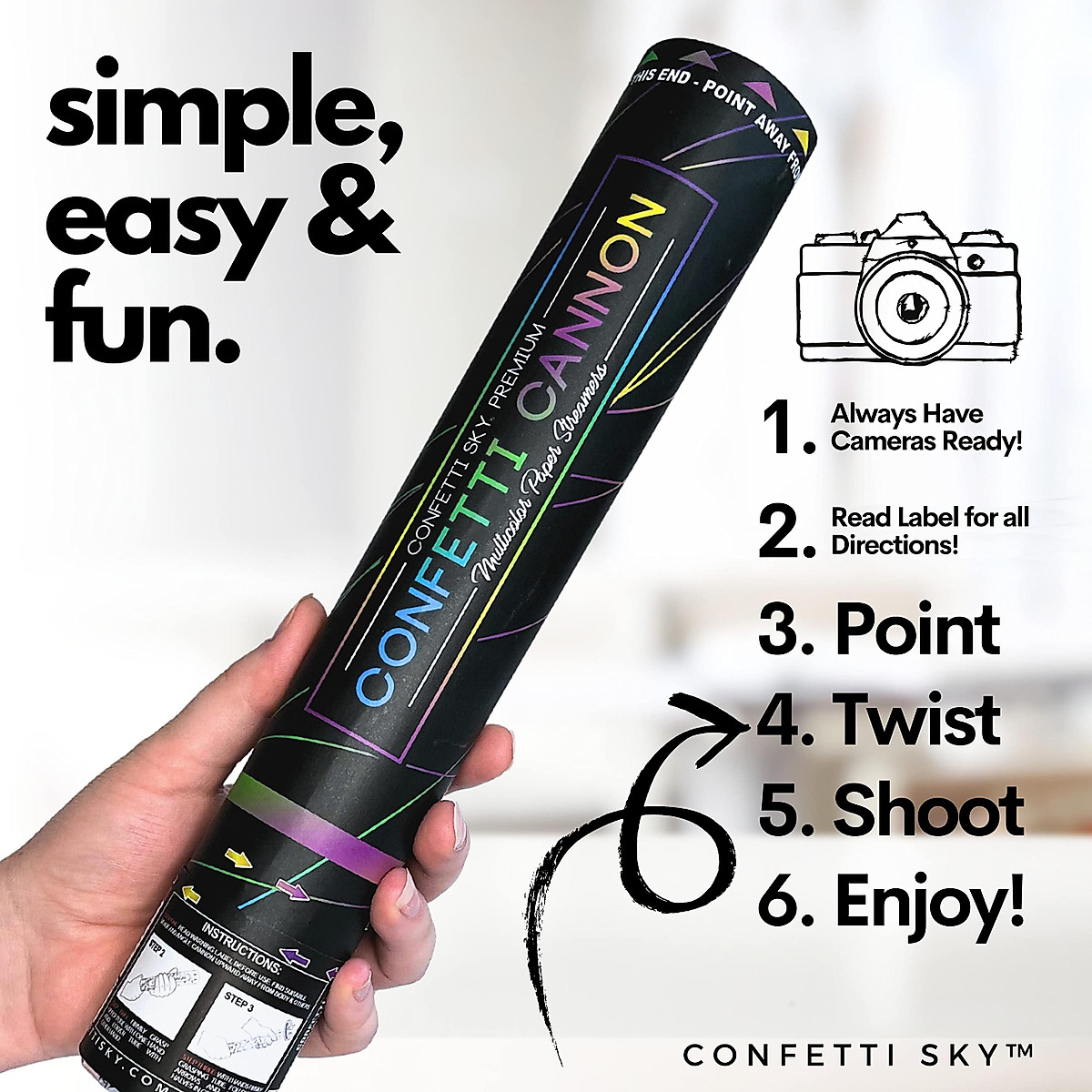 Confetti Sky [6 Pack] 12 Inch Streamer Cannons | Multicolor Streamers Cannons for Wedding Celebration, Birthday Party, Pranks, Graduation, Christmas Eve and New Year Celebrations (Multicolor)