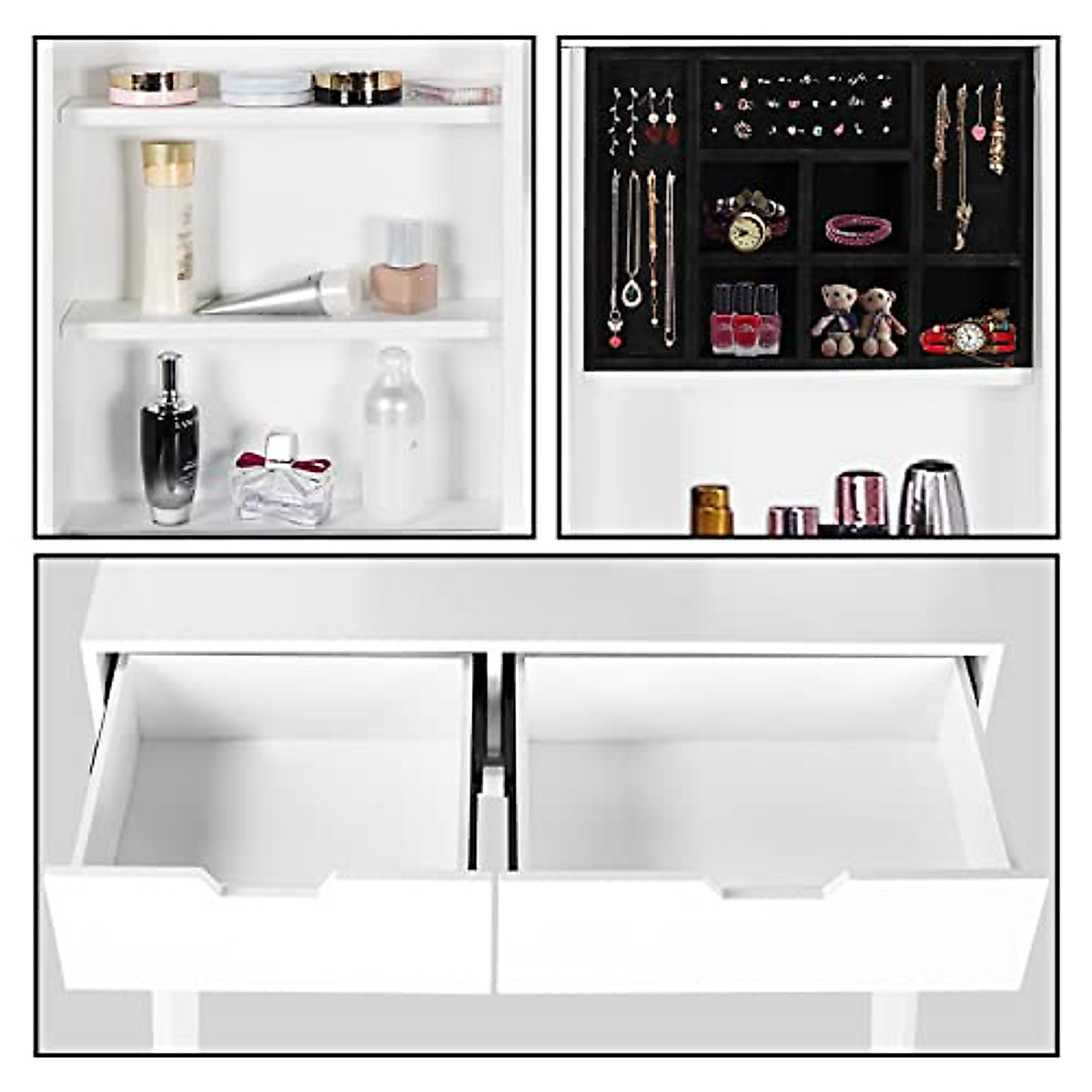 LYNSLIM Vanity Desk, Makeup Vanity with Mirror & LED Lights，Makeup Vanity Table with 2 Drawers & 4 Storage，Small Vanity Set Storage Stool for Dressing Bedroom (White, Extra)