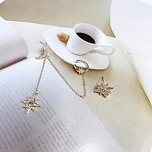 Asymmetric Moon Star CZ Ear Cuff Wrap Clip On 925 Sterling Silver Stud Long Chain Climbers Crawler Tassel Dangle Drop Cartilage Hoop Earrings for Women Girls Fashion Hypoallergenic Gifts Bff (gold)