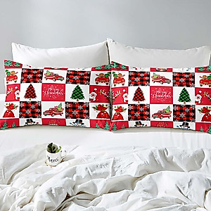 LUVIVIHOME 3PCS Christmas Duvet Cover King Bedding Set, Santa Claus Snowman Gnome Snowflake Christmas Tree Holiday New Year Xmas Checkered White Red Buffalo Plaid Comforter Quilt Cover, 2 Pillow Cases