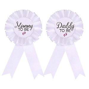 CoolerthingsDG, Daddy to be & Mommy to be Tinplate Badge Pin - Baby Shower Button New Dad Gifts Gender Reveals Party Baby Girl White Rosette Button Baby Celebration (White, pink footprint)