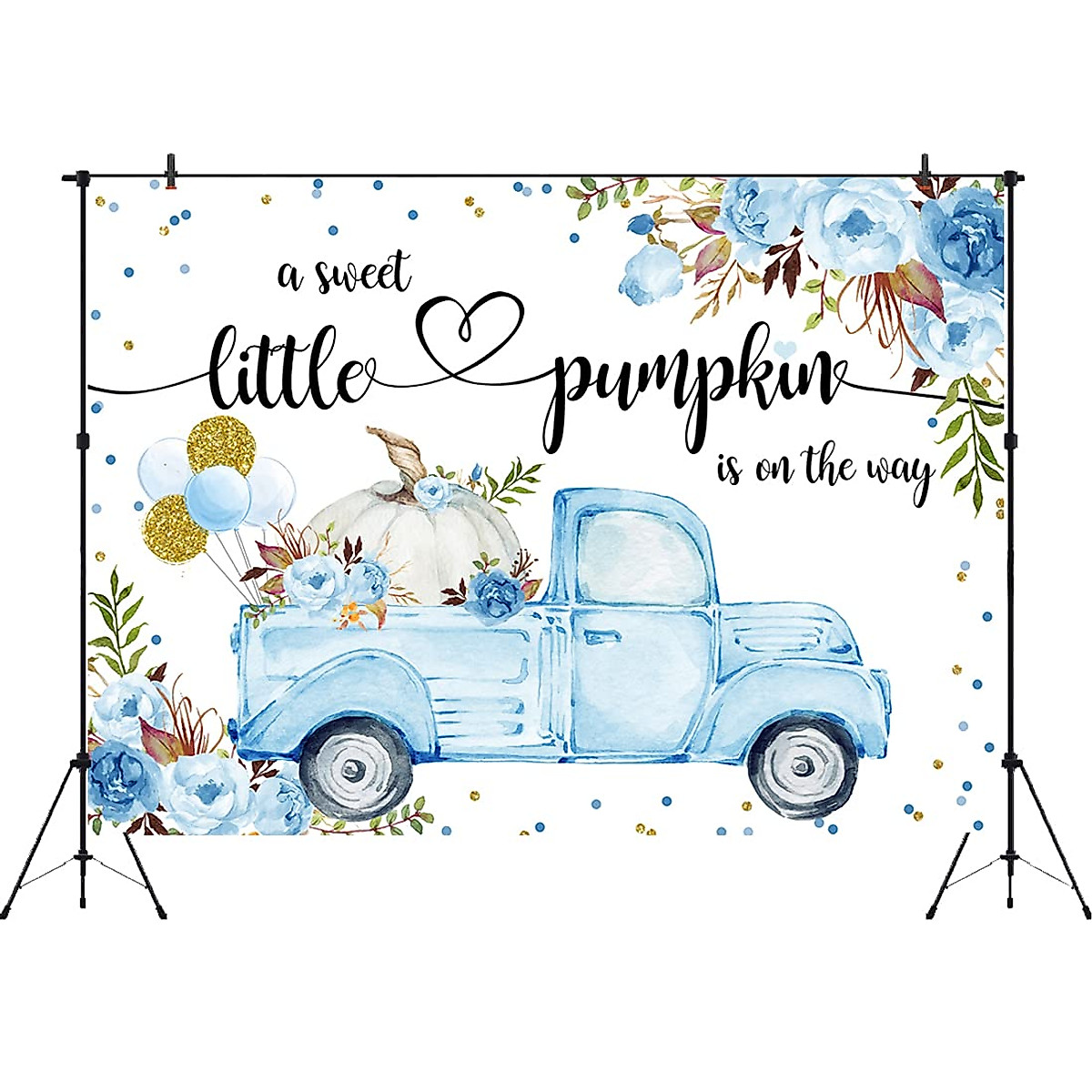 Aperturee Little Pumpkin Baby Shower Backdrop 7x5ft A Little Sweet Pumpkin is On The Way Blue Floral Truck Balloons It's a Boy Photography Background Fall Autumn Party Decorations Banner Photo Booth