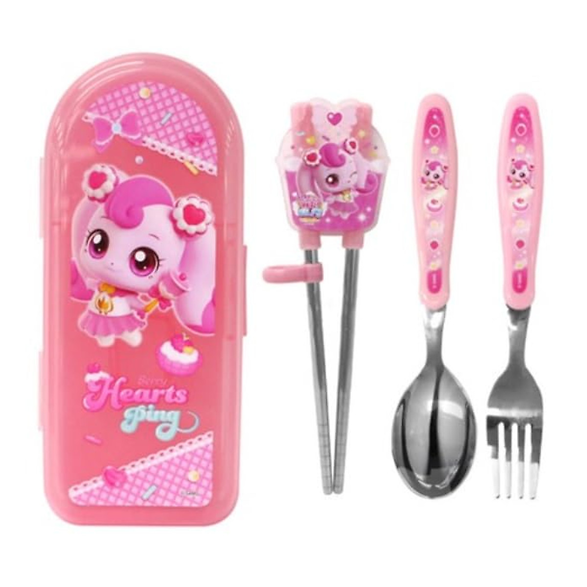 Generic Lovely Catch Teenieping Fork, Spoon, and Chopsticks Flatware Set with Case, Medium, Pink