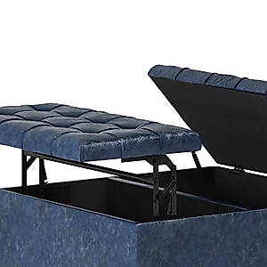 SIMPLIHOME Harrison 36 inch Wide Transitional Square Coffee Table Storage Ottoman in Denim Blue Vegan Faux Leather, Assembled, For the Living Room and Bedroom