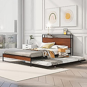 SOFTSEA Queen Size Metal Platform Bed Frame with Trundle, Metal Bed Frame with USB Ports, Queen Trundle Bed with Storage Headboard Metal Panel Bed with Shelf for Bedroom Guestroom, Black