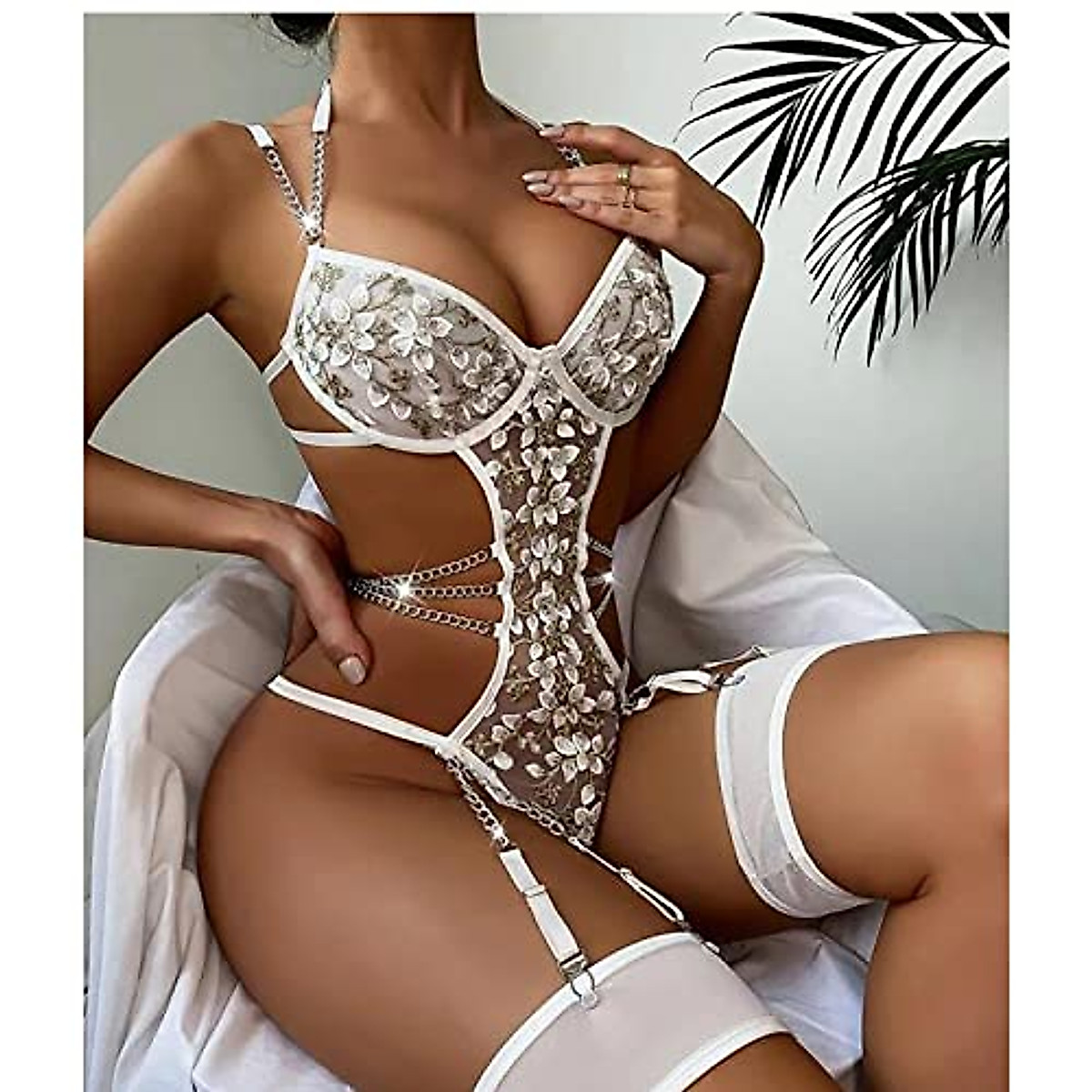 Sexy Plus Size Panties, Lingerie For Women Naughty Bra Teddy Lingerie Hot Women's Lingerie Mesh Lace Embroidered Lingerie One-Piece Set With Underwire Pajamas Lengerie Babydoll (S, White)
