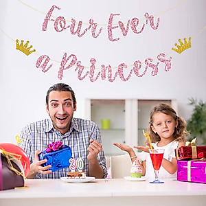 Talorine Four Ever A Princess Banner, Princess 4th Birthday Party Decorations, Princess Themed 4 Years Old Birthday Party Supplies,Pink Glitter