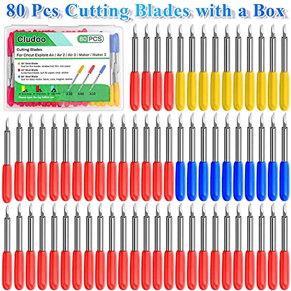 Cludoo 80PCS Replacement Blades for Cricut Blades for Explore Air 2/Air 3/Maker/Maker 3/Expression, 60PCS 45° Standard Blades, 10 PCS 30° Fine Point Blades and 10 PCS 60° Deep Cut Blades