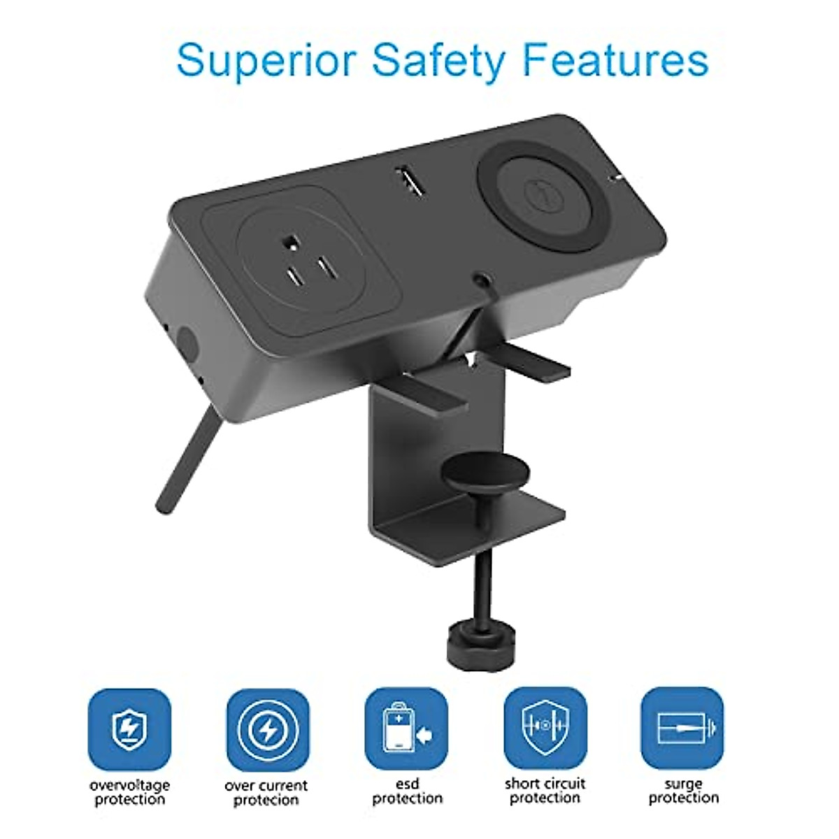 Desk Clamp Power Strip USB C, Desk Mount Power Strip with AC Outlet/2 USB Ports/15W Wireless Charger Station, Desktop Surge Protector PD 20W USB C Fast Charging, Fit 2.16" Tabletop Edge