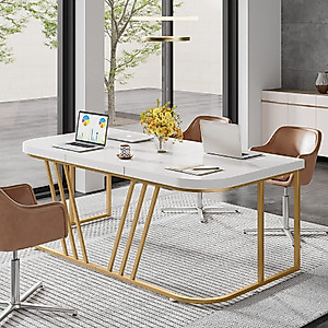 Tribesigns 63" Executive Desk, Large Home Office Desk with Metal Frame, Modern Wood Study Writing Computer Desk Conference Table for Home Office, White & Gold
