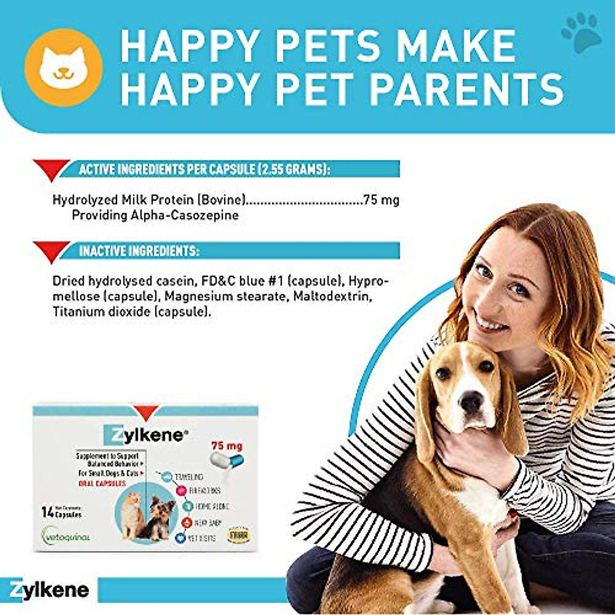 Vetoquinol Zylkene Behavior Support Capsules for Small Dogs and Cats, Calming All Natural Milk Protein Supplement, Helps Relieve Dog Anxiety and Cat Anxiety During Fireworks and Thunder, 75mg