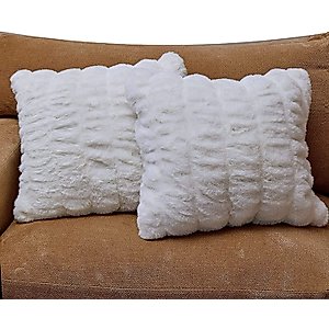 Home Decorative 2PC Vegan Ruched Faux Fur Throw Pillows Ultra Soft Fluffy Square Pillow 20"x20" (Sand)