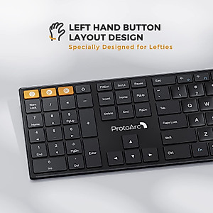 ProtoArc 2.4G Wireless Left-Handed Keyboard, XK21 Bluetooth Ultra-Thin Keyboard, Rechargeable Silent Keyboard with Three Multi-Device, Windows/Mac/Android, Black