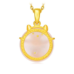CHOW TAI FOOK 999 Pure 24K Gold and Rose Quartz Pendant- Maneki-Neko Money Cat Pendant