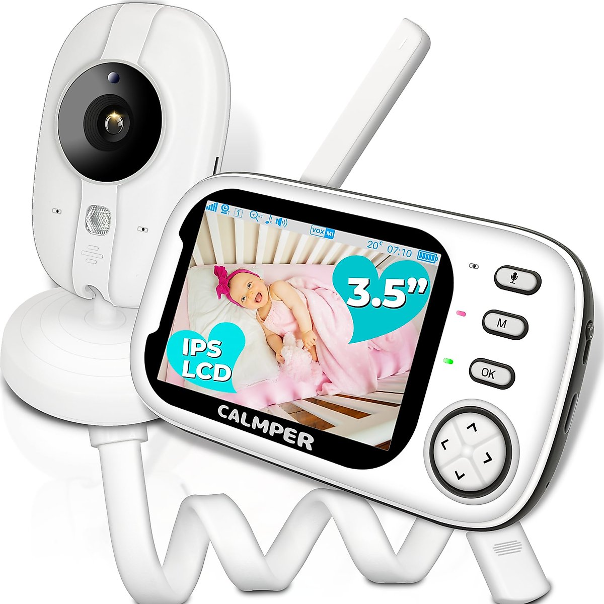 CALMPER Camper Video Baby Monitor with Camera and Audio - 3.5” Non WiFi Baby Monitor Camera with up to Overnight 2000mAh Battery - 1000ft VOX Long Range Baby Monitor No WiFi (2000mAh+FlexMount)