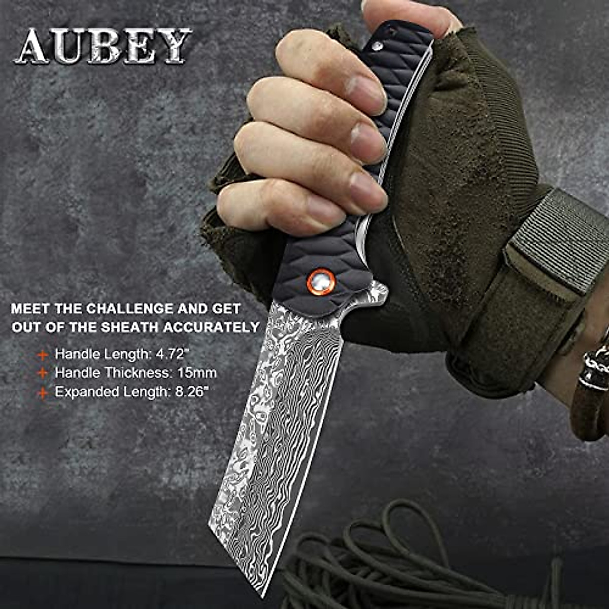 AUBEY EDC Damascus Pocket Knife, 3.34 inch Damascus Steel Hollow Grind Blade, Folding Knife with Liner Lock, Ball Bearing, Aluminum Non-Slip Handle, Damascus Knife for Outdoor Camping Hunting (Black)