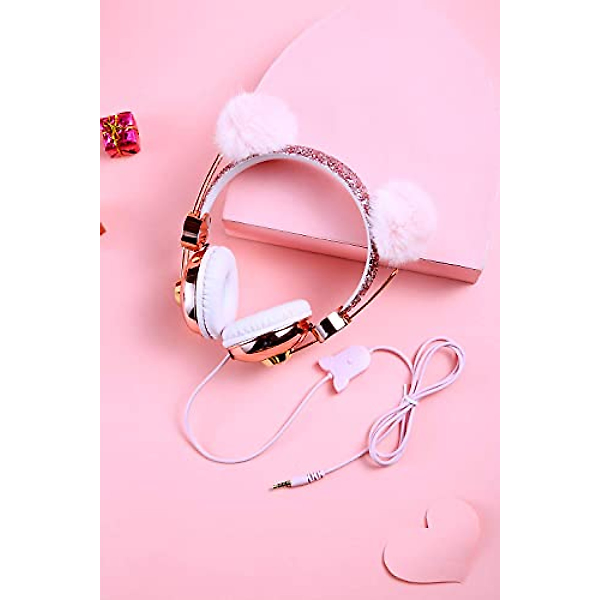 LOAKYO Kids Headphones for Girls, Cute Bear Ear Wired Girls Headphones with Microphone for School Travel Christmas Birthday Gifts (Pink)