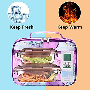 LEDAOU Lunch Bag Insulated Lunch Box Kids Girls Insulated Reusable Lunch Bag for School Work Picnic Hiking (Marble Purple White)