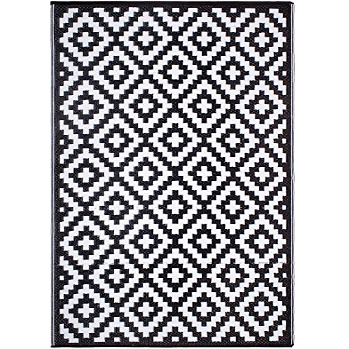 FH Home Outdoor Rug - Waterproof, Fade Resistant, Reversible - Premium Recycled Plastic - Geometric - Porch, Deck, Balcony, Mudroom, Laundry Room, Patio - Aztec - Black & White - 3 x 5 ft