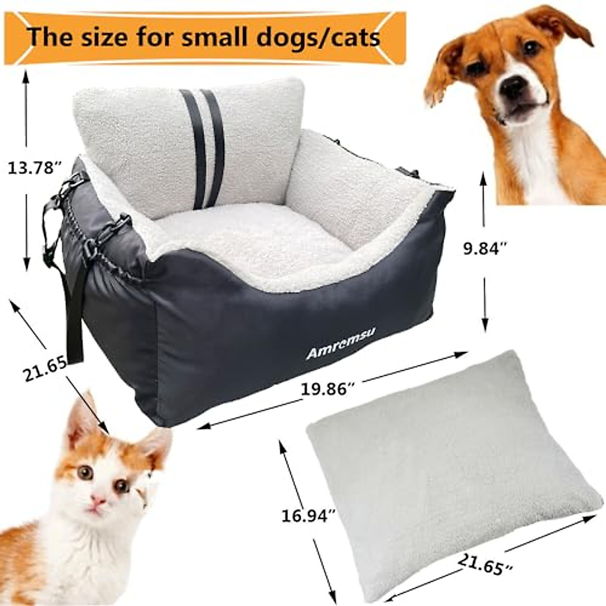 Dog Car Seat for Small Dog Under 25,Fully Detachable and Washable Ultra Soft Car Travel Bed Two Portable Handle and Storage Pockets,with Clip-on Soft Dog Car Seat,Portable Dog Car Travel Carrier Bed