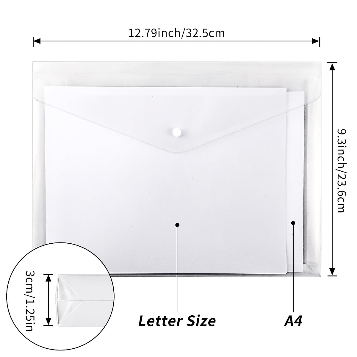 EOOUT 12pcs Plastic Envelopes, Clear Folders, Expandable Gusset and Plastic Waterproof Envelope with Snap Button Closure, Letter Size, A4 Size, for School and Office Suppiles