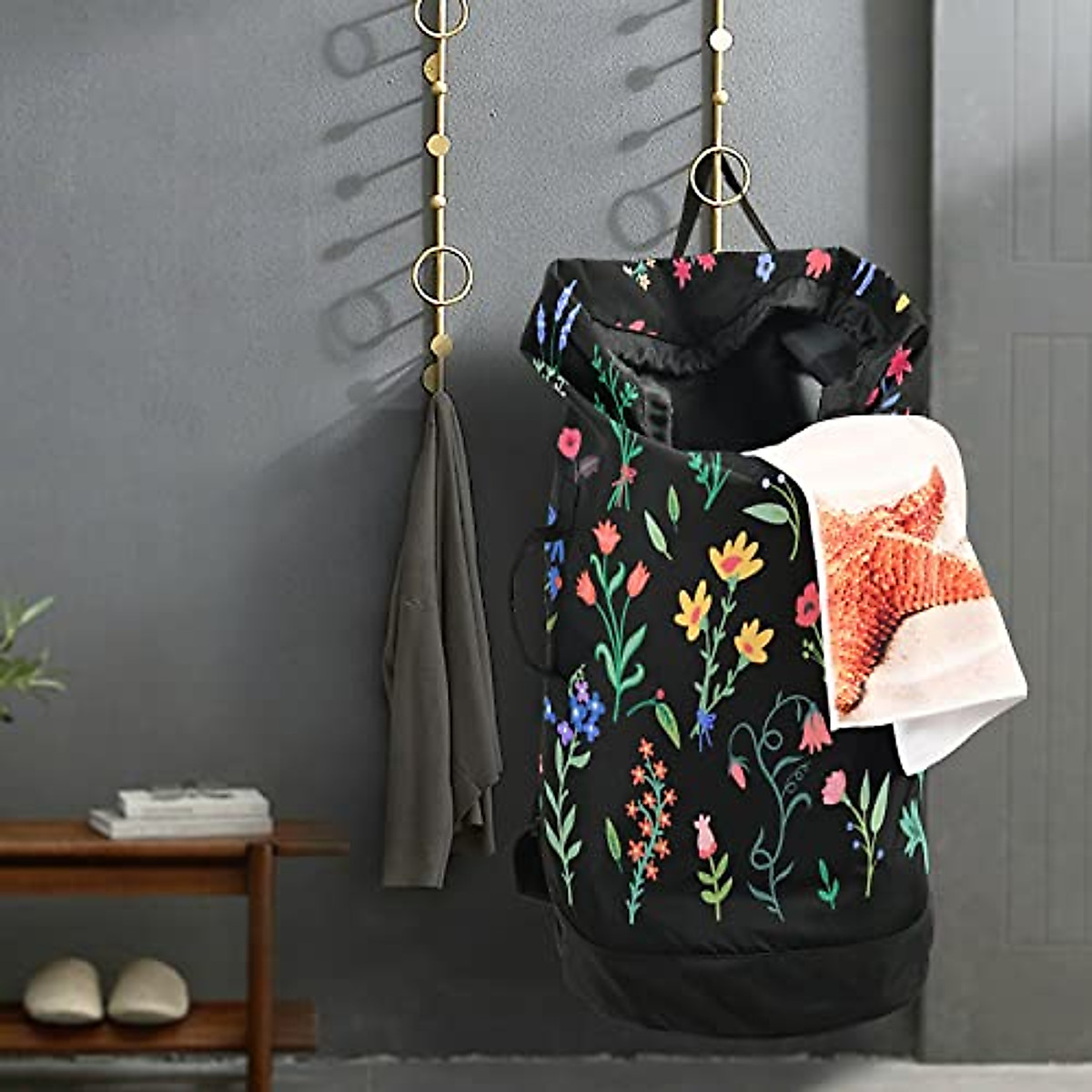 Kigai Wildflowers Travel Laundry Bag Waterproof Durable Large Laundry Backpack with Handles and Drawstring Closure Machine Washable Dirty Clothes Organizer Storage Bag Laundry Hamper