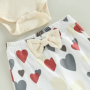 Valentine Day Baby Girl Cute Lace Ruffle Long Sleeve Romper Bodysuit Top and Bowknot Sweetie Heart Flare Long Pants Headband (Beige,0-6 Months)