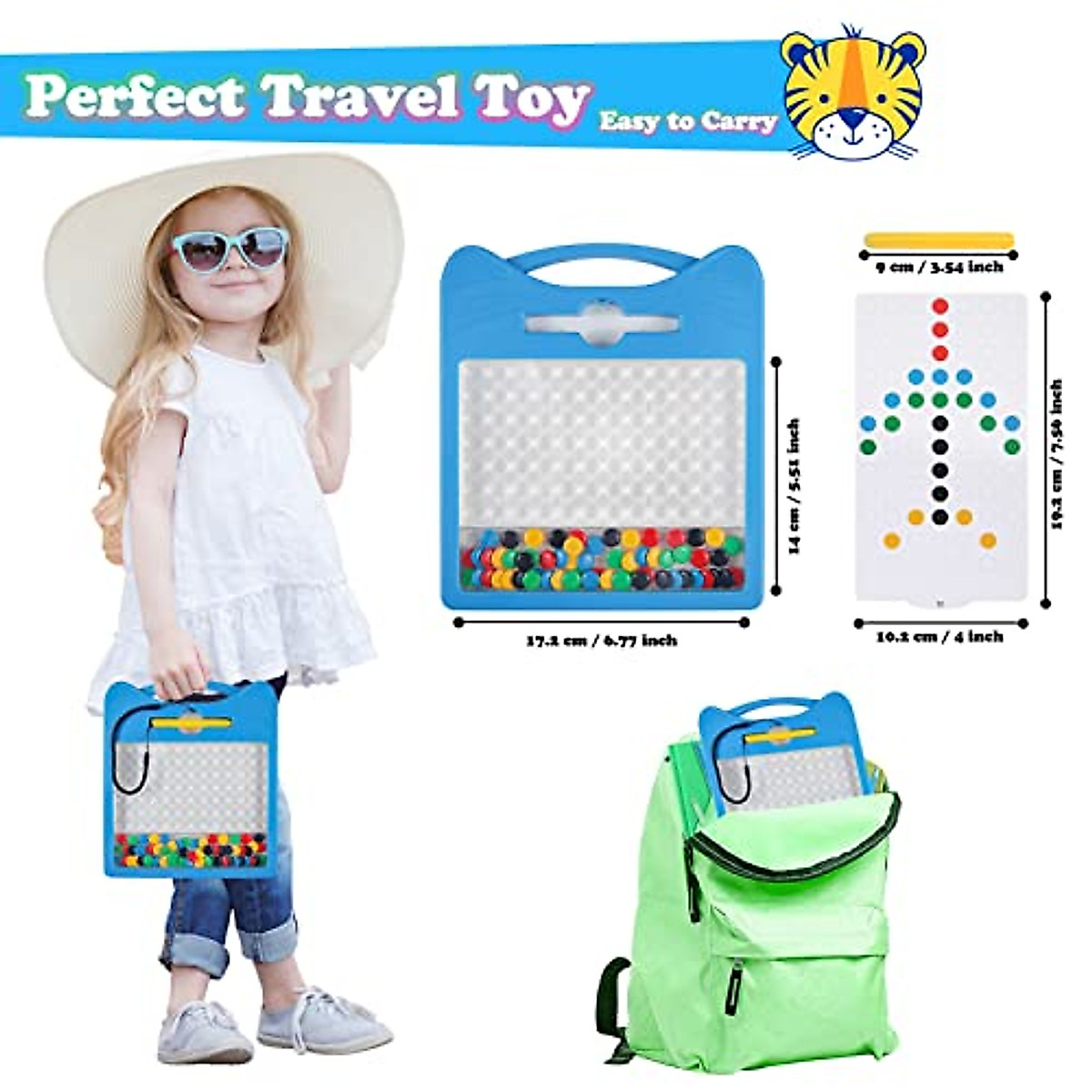 Magnetic Drawing Board for Kids, Toddler Magnet Doodle Board with Beads and 2 Pens, Magnetic Dot Art, Montessori Fine Motor Skills Toys, Airplane Car Travel Activities for Boys Girls (Blue Cat)