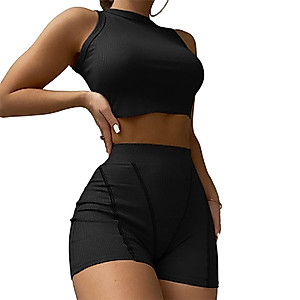 Womens Soccer Outfit Women Workout Sets 2 Piece Seamless Ribbed Crop Tank High Waist Short Yoga Outfit Solid Slim Black
