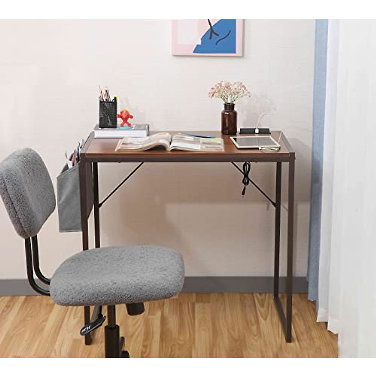 JJS Small Computer Desk Simple Style Writing Desk for Small Spaces 31 Inch Home Office Modern Student Study Laptop Writing Table with Storage Bag USB Hub, Brown