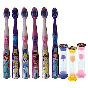 Disney Princess 9pc Oral Hygiene Bundle! Kids Soft Manual Toothbrush 6 Pack! Plus Bonus Disney Princess Brushing Timers!