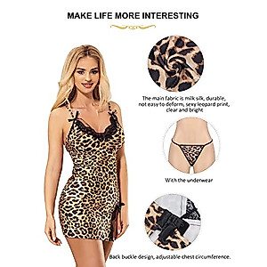 ohmydear Leopard Print Lingerie for Women Plus Size Lace Babydoll V Neck Teddy Dresses Sleepwear Nightgown M-L