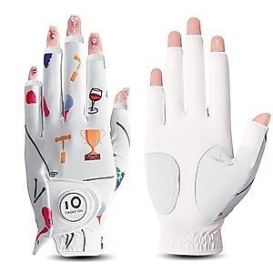 FINGER TEN Golf Gloves Women Left Right Hand Leather with Ball Marker Value Pack, Colored Glove for Ladies Right Left Handed Golfer All Weather Grip (Half-Golf Party, Large, Left)