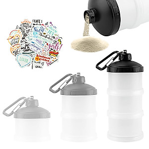 JIANWEI Protein Powder Storage Container, 3 Layer Stackable Leak-proof Formula Dispenser with 50 Inspirational Words Stickers and 1 Keychain, Portable Protein Powder Holder(Black+white)