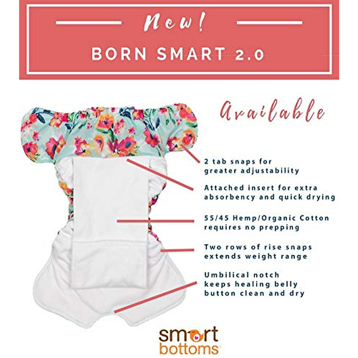No Prep Cloth Diaper for Newborns – Smart Bottoms Born Smart 2.0 – Natural Fiber Interior (White)