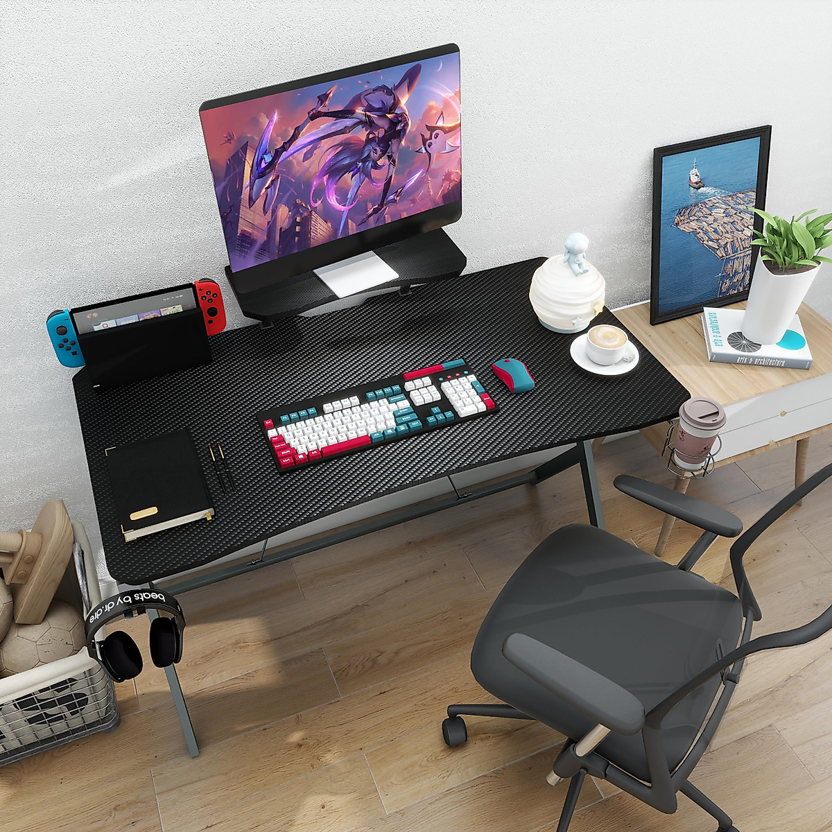 DEILALY 45IN Gaming Desk Gamer Table Carbon Fiber Surface Computer Table Gamer Desk with Monitor Shelf Office Home Study Desk Work PC Table Steel Legs Corner Desk Black