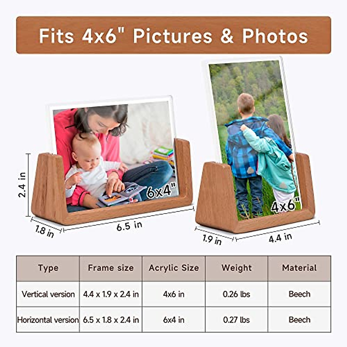 Komimaci 4x6 inch Picture Frames 2 Pack - Wooden Photo Frame with Wood of Beech Base and HD Plexiglas Cover for Tabletop or Desktop Display(4x6 inch, Horizontal & Vertical)