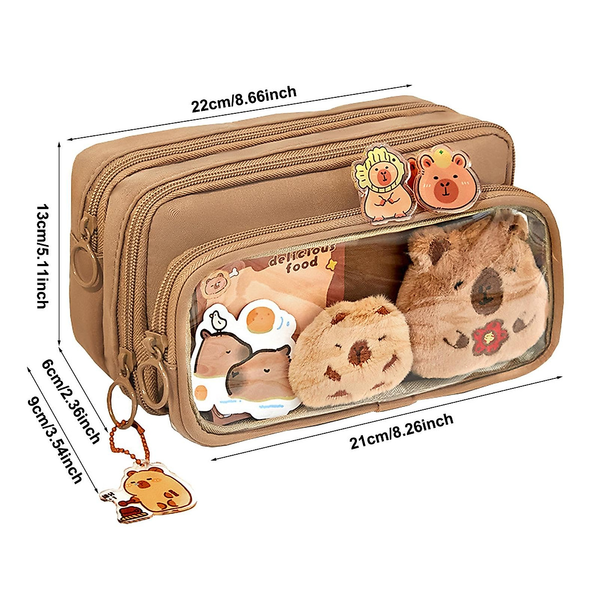 Capybara Pencil Case, Plush Cute Capybara Pencil Case With Zipper Capybara Print Quirky Fun Cute Pencil Pouch With 10 Compartments,Open Wide Pen Pouch Capybara With Cute Pins For Stationery Office