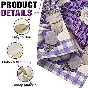 Dyrenson Welcome Spring Gnome Lavender Anemone Flower Decorative Garden Flag, Purple Buffalo Plaid Check Butterfly Floral House Yard Outside Decorations, Summer Farmhouse Outdoor Small Decor 12x18