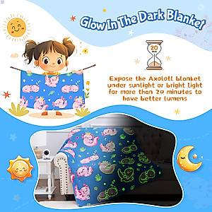 Glow in The Dark Axolotl Blankets,Throw Blanket Toys Gifts for 3 4 5 6 7 8 9 10 Years Old Kids Boys Girls,Soft Cute Glowing Blanket Present for Birthday Christmas Easter Valentines, 60"x50"