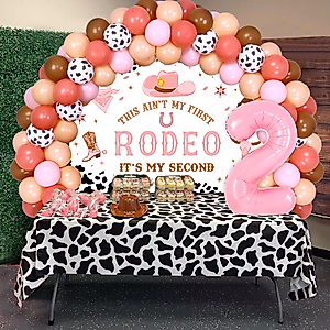 JOYMEMO My 2nd Rodeo Birthday Decorations Girl - Boho Cowgirl Balloon Garland Arch Kit with This Ain't My First Rodeo Its My Second Birthday Backdrop, Number 2 Foil Balloon for Western Party Supplies
