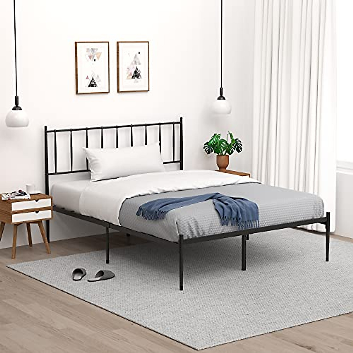 Fancihabor Queen Size Bed Frame with Upholstered Headboard, Metal Slats Support Platform Bed Frame with Storage, No Box Spring Needed (Queen)