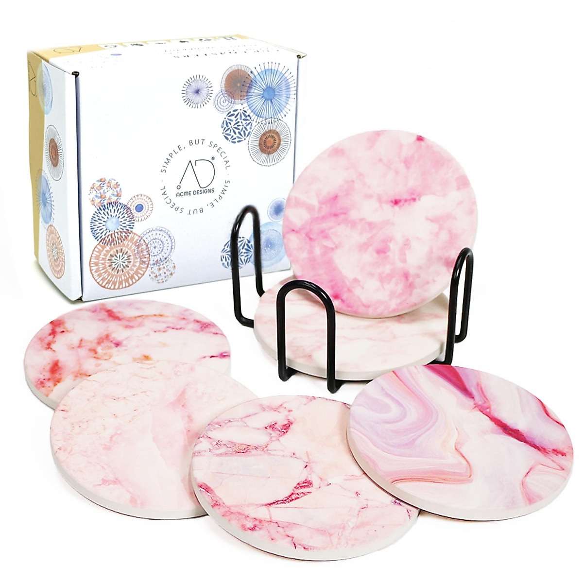 AD Set of 6 Coasters for Drinks Absorbing Round Ceramic Stone Coaster with Cork Base Tabletop Protection Mat for Mugs and Cups,Office,Kitchen (Pind Marble with Holder)