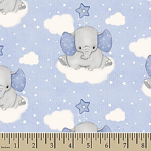 Flannel Comfy Cutest Baby Elephant Cloud Blue Fabric AE Nathan Sold by The Yard L