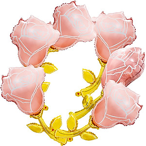 37'' Pink Rose Balloons Valentines Day Helium Balloons Pink Flower Aluminum Foil Balloons Romantic Decorations Special Night, 6 Pack Rose Aluminum Balloons for Wedding Bridal Anniversary Supplies
