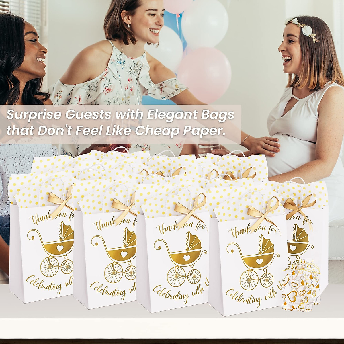 25 Pack Baby Shower Gifts Bag with Tissue Paper and Ribbons - Gold Baby Shower Gifts Bags Medium Size - Baby Gift Bags for Baby Shower, Baby Boy Gift Bag, Baby Girl Gift Bag, Gender Reveal Gift Bag Bulk (8"L x 4.5"W x 10"H, White)