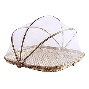 Food Bamboo Food Serving Tent Basket Hand-Woven Basket Serving Dustproof Picnic Basket Vegetable Fruits Bread Food Home Square Food Storage Basket with Mesh Gauze Cover Container